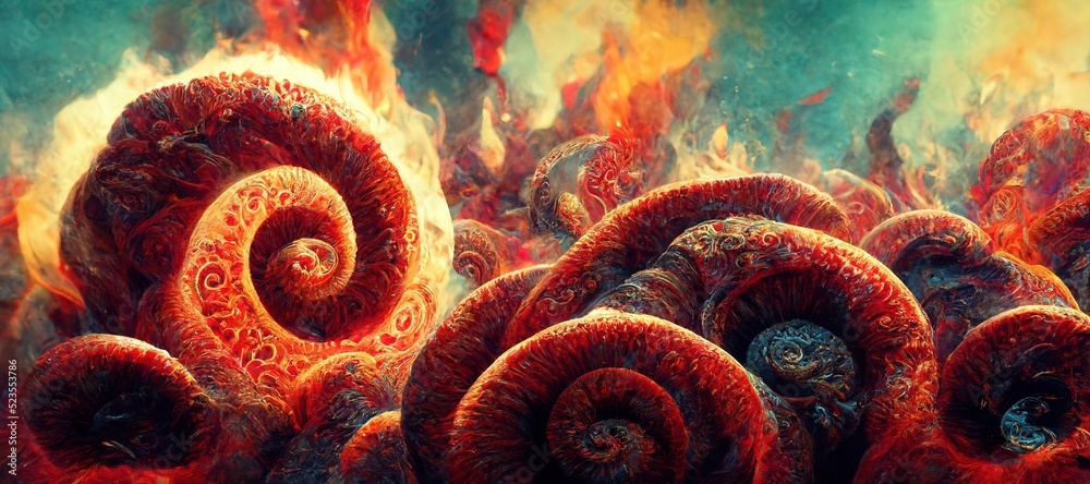Surreal red rose fire flames unfurls - stranger worm like twirls and ...