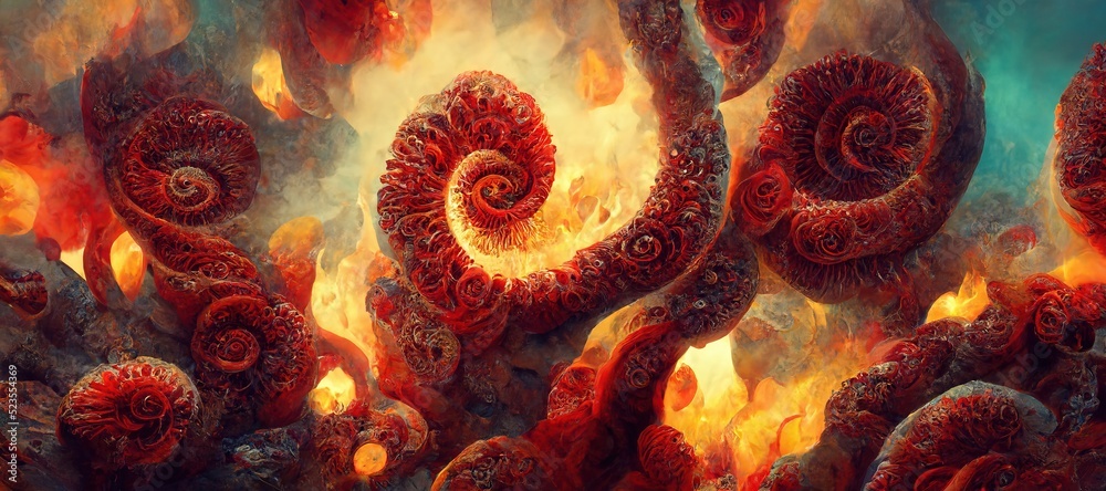 Surreal red rose fire flames unfurls - stranger worm like twirls and ...