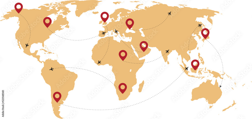 Flight plane map. World map of airline airplane flight path travel ...