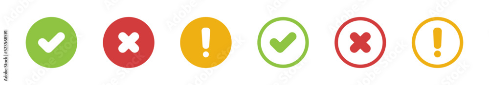 Check, cross and exclamation mark set icon.Tick sign, exclamation mark ...