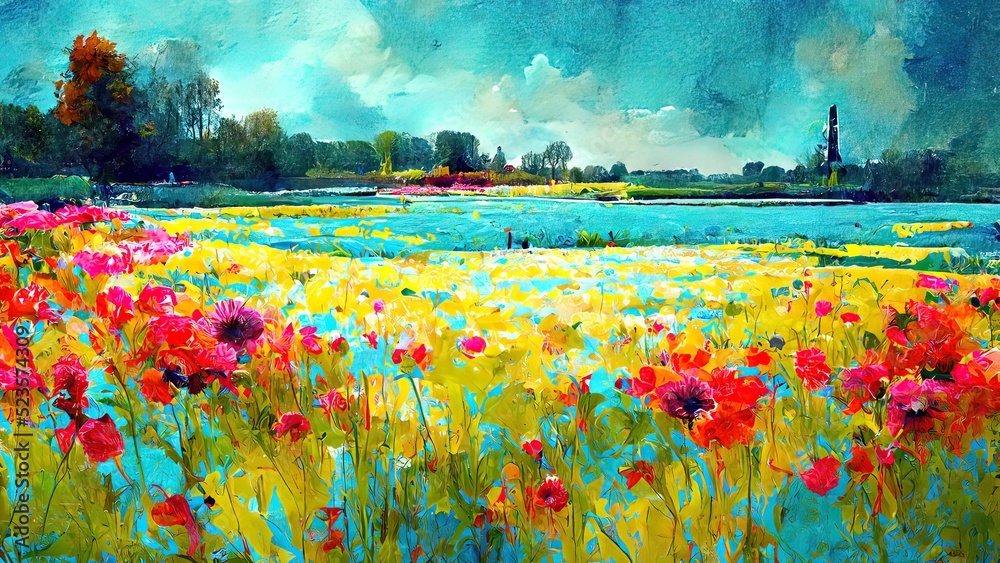 Flower fields painting. Colorful drawing of netherlands flower harvest ...