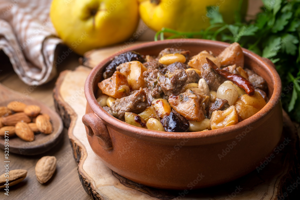 Traditional delicious Turkish foods; Quince and plum lamb stew, lamb ...