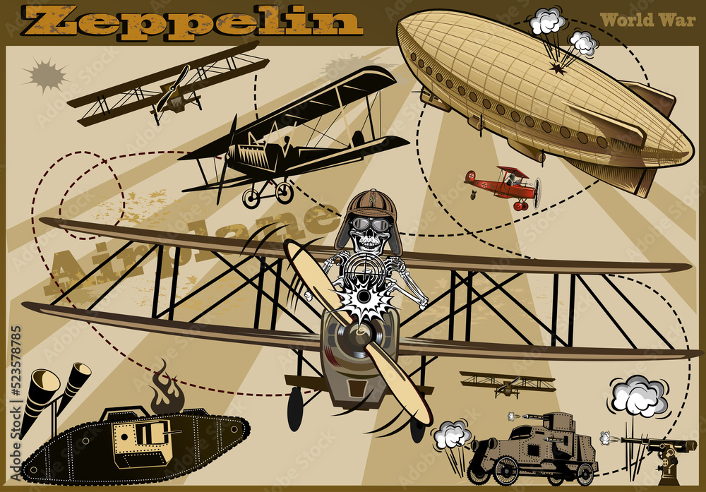 Vintage world war biplanes and Zeppelin. World War I Stock Illustration ...