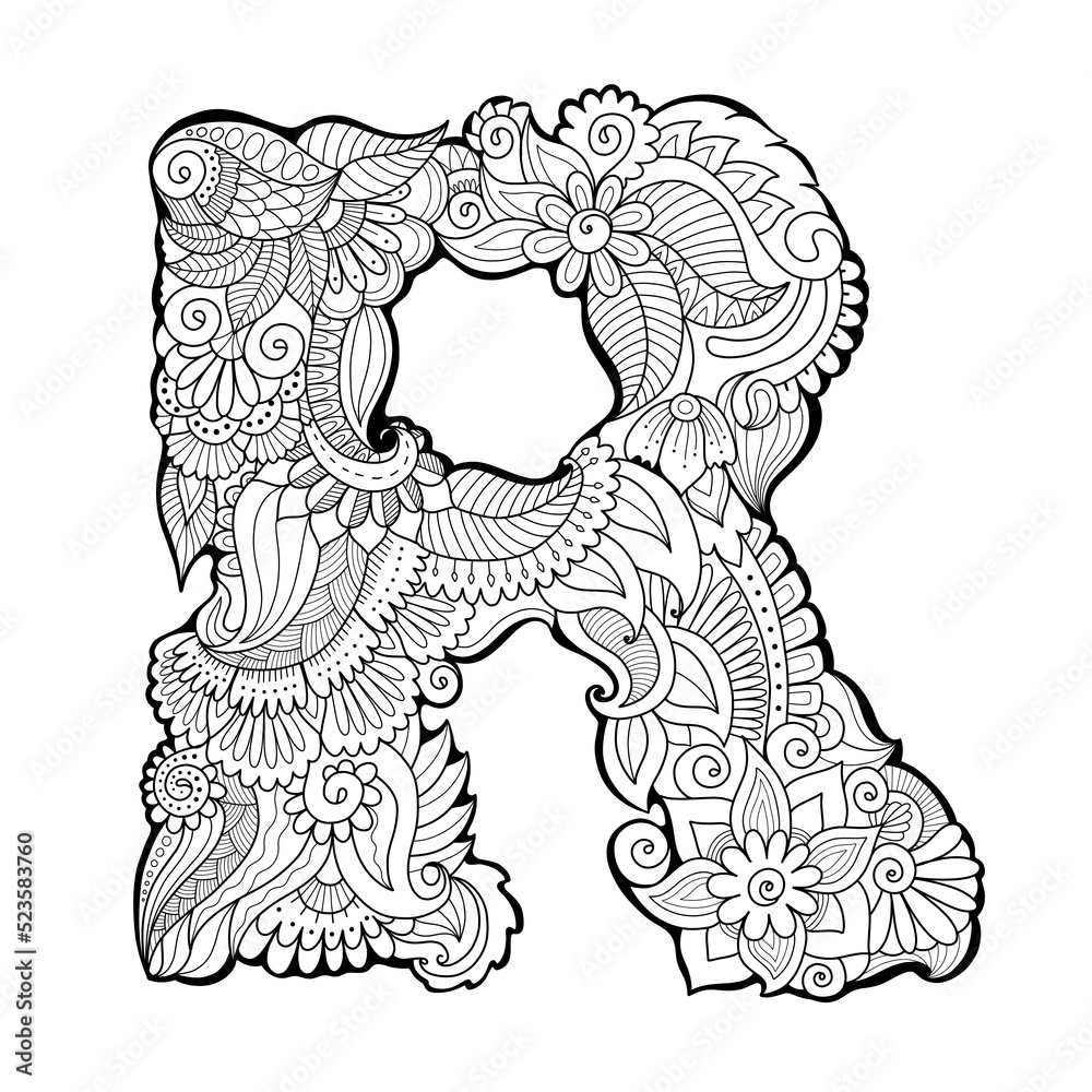 Letter R in zentangle floral style. Doodle adult coloring book page ...