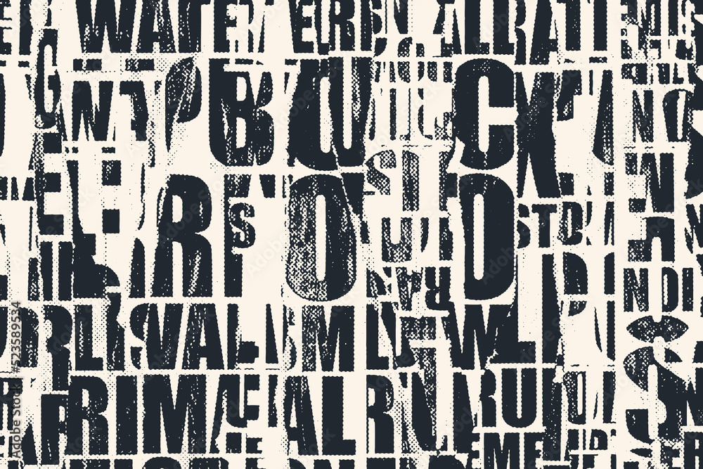 Collage of torn street posters. Abstract halftone lettering background ...
