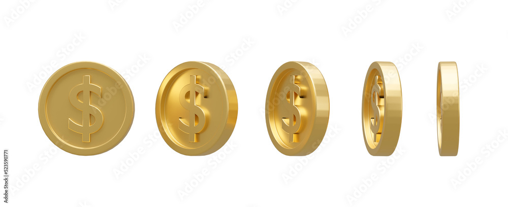 Set of golden dollar coin in different shape isolated on transparent ...