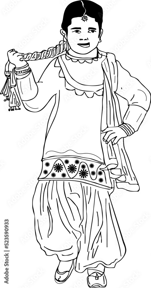 Indian girl wearing punjabi dress line art vector, Sketch drawing of ...