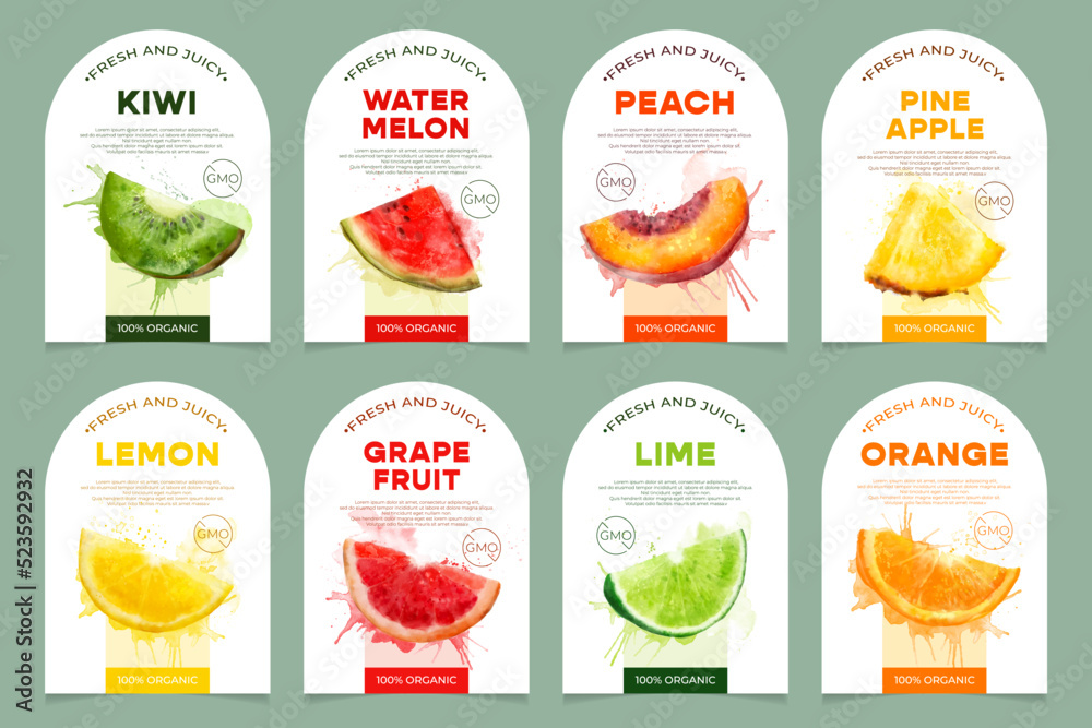 Set of 8 labels, packaging of fresh and juicy different fruits. Natural ...