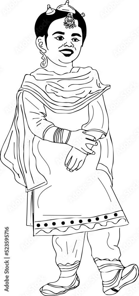 Vecteur Stock Indian girl wearing punjabi dress line art vector, Sketch ...