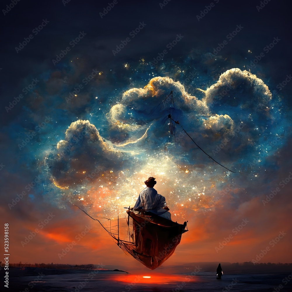 Digital art of magician with cowl in a boat, 3d illustration Stock ...