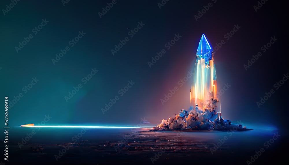 Spaceship rocket. Toy rocket upswing ,spewing smoke. Startup digital ...