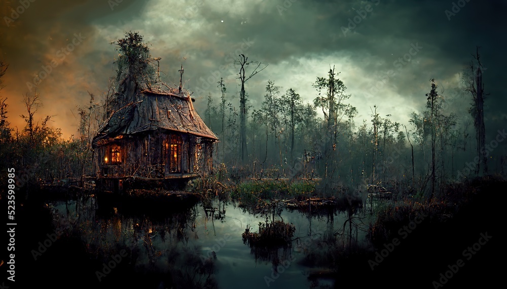 A wooden house, a witch's house on stilts in a remote forest at night ...