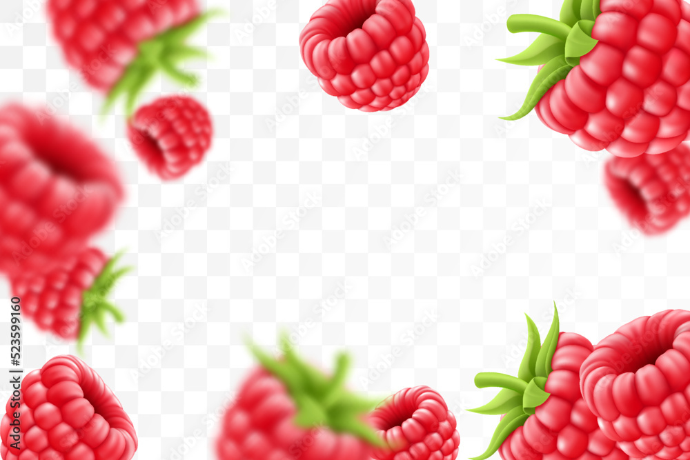 Raspberry background. Flying raspberry with green leaf on transparent ...