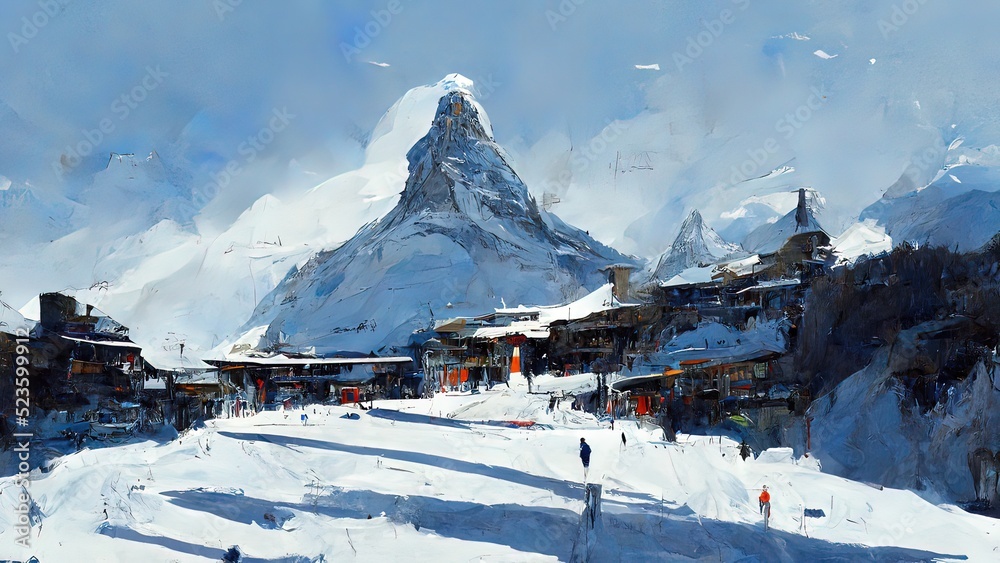 Zermatt, digital painting, switzerland mountain during winter. Snowy ...