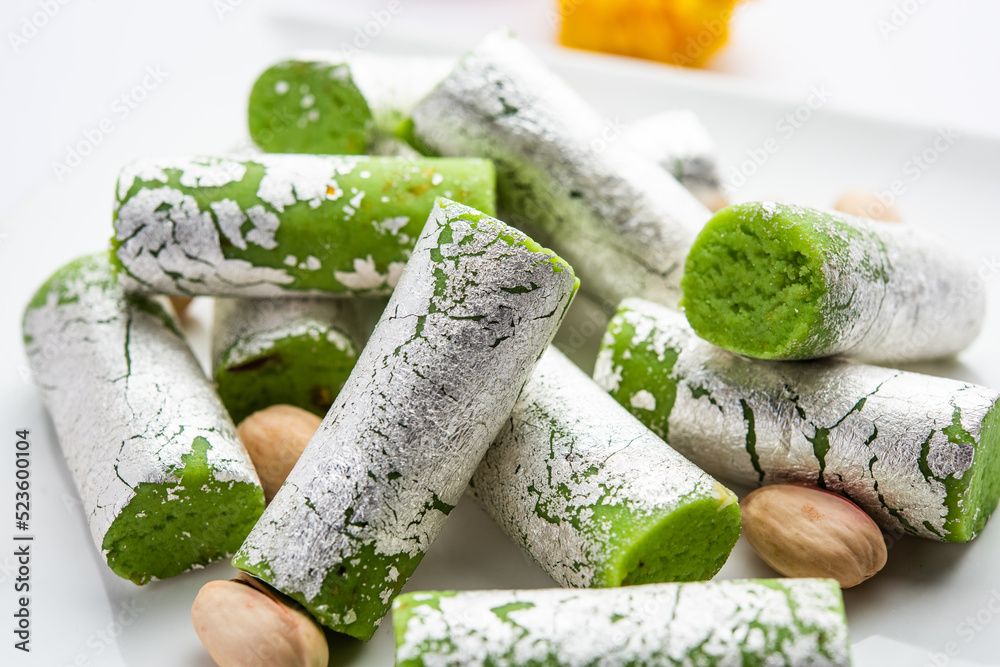 Pista Roll Or Pistachio Rolls Mithai or sigar, Indian sweet or dessert ...