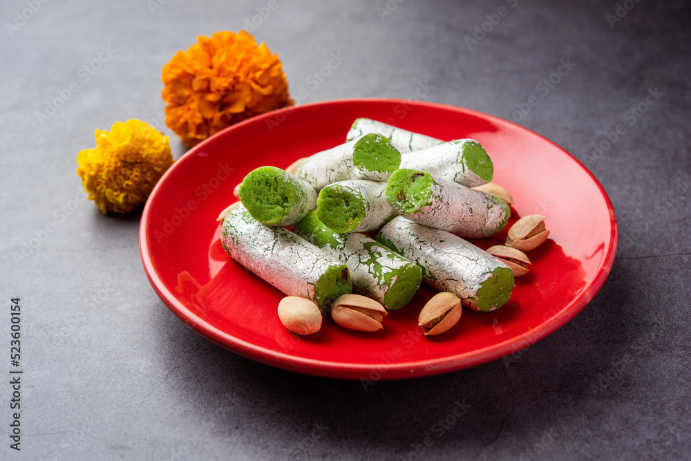 Pista Roll Or Pistachio Rolls Mithai or sigar, Indian sweet or dessert ...