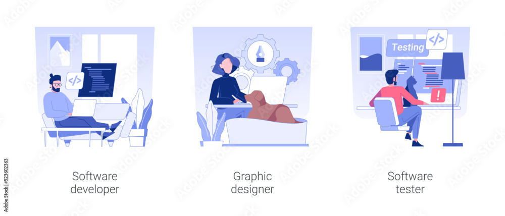 Remote IT jobs isolated concept vector illustration set. Software developer, graphic designer ...