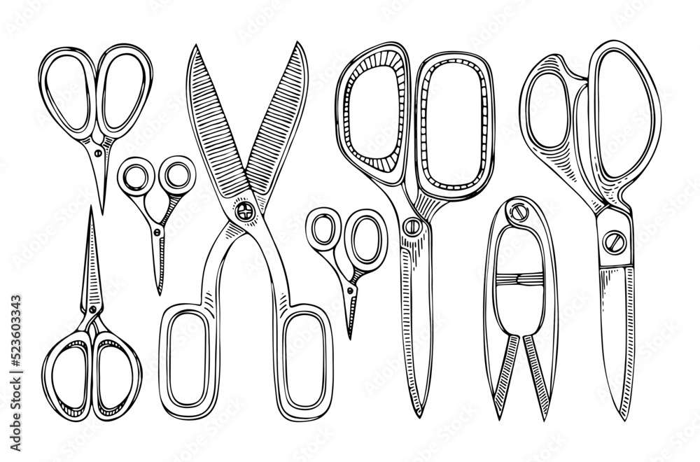 Set tailor scissors line art. Sewing tool cutting fabric thread. Seam ...