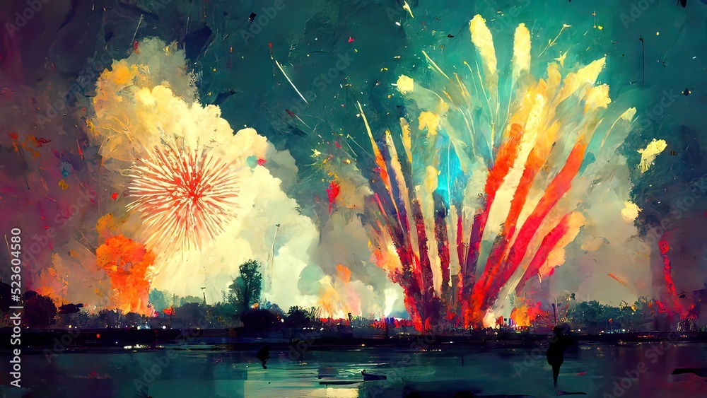 Fireworks. Digital painting. Explosion of colors into the night sky. 4k ...