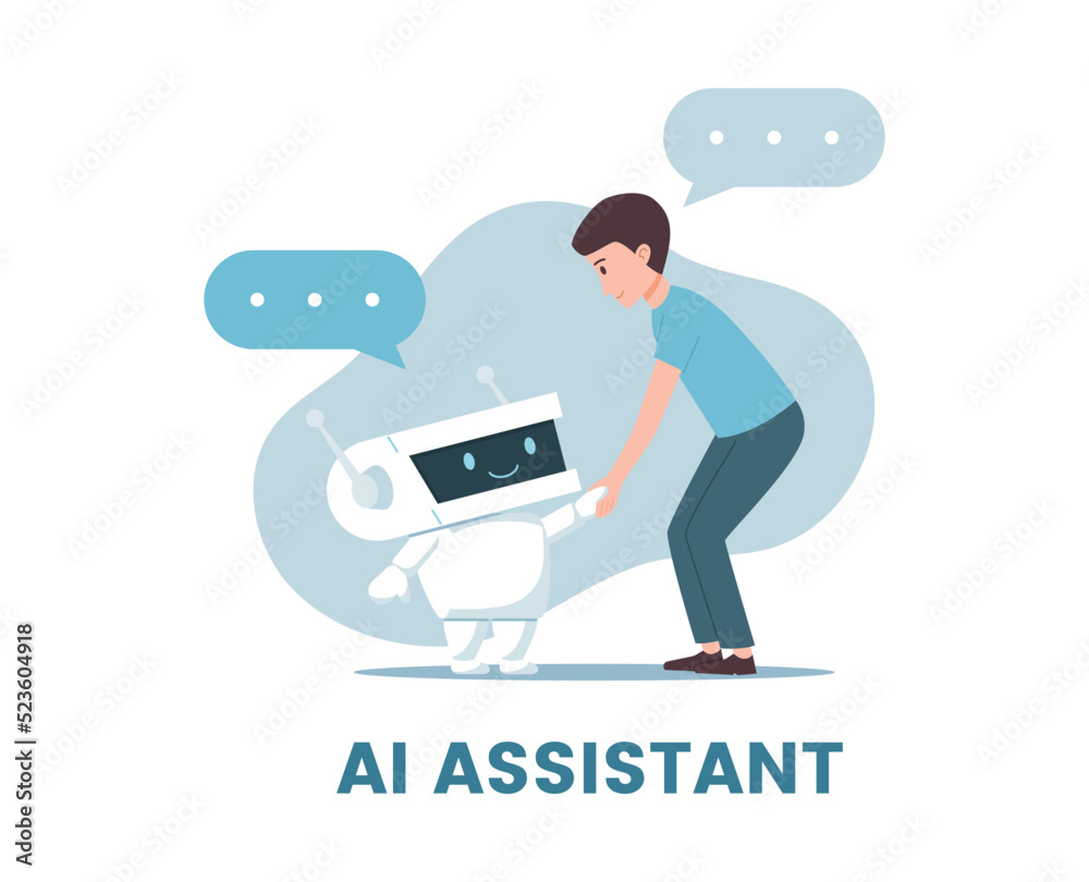 AI assistant robot helping a man, cartoon flat vector illustration ...