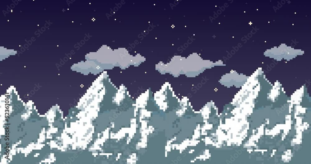 Pixel animation mountains with night sky and clouds. Seamless looping ...