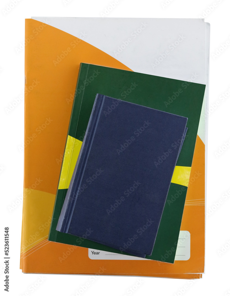 Cutout of an isolated stack of school books and notebooks top view with ...