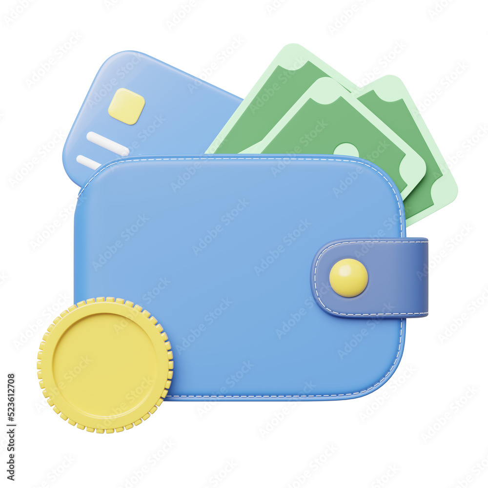3d render cash money, credit card into wallet, coin float on blue ...