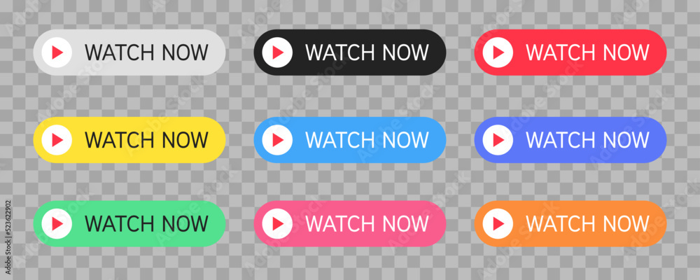 Set of colorful buttons with text watch now isolated on transparent ...