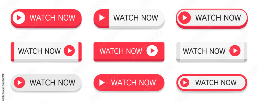 Set of red and white buttons with text watch now isolated on white ...