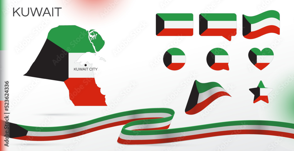 Vetor do Stock: Kuwait flags set. Various designs. Map and capital city ...
