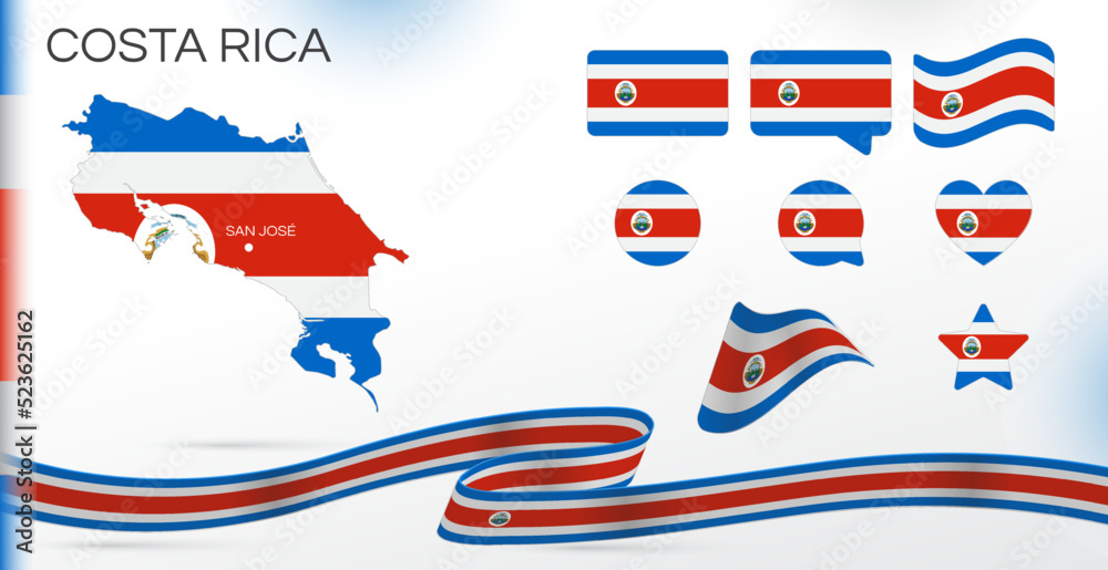 Costa Rica flags set. Various designs. Map and capital city. World ...