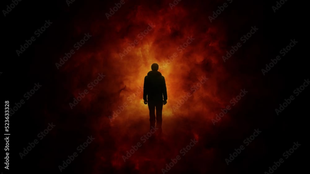 Dark man silhouette and fire flames with flashing light seamless ...