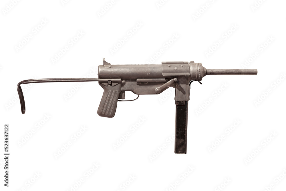 M3 submachine gun also known as a grease gun isolated on a white ...