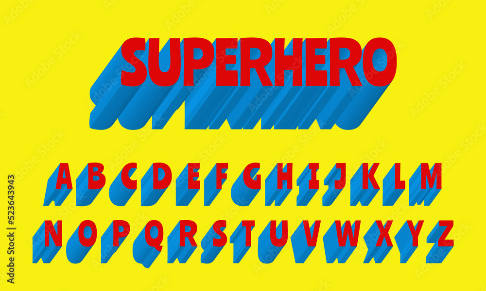 3D Superhero font design, red and blue colors, comic style alphabet ...