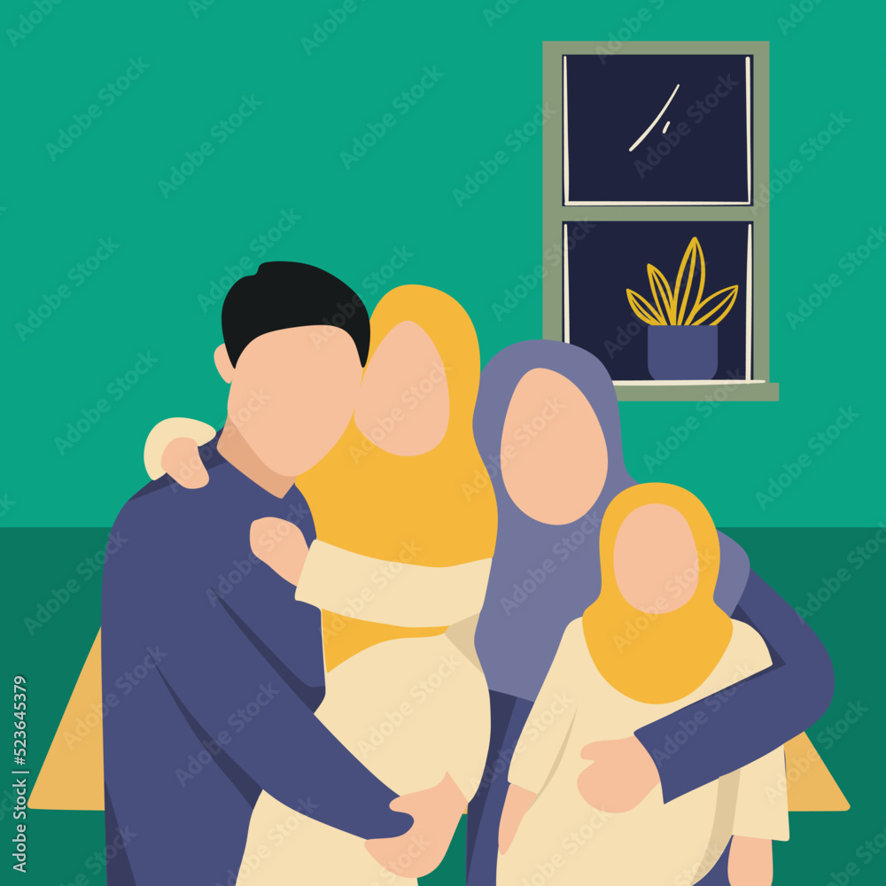 Simple Vector illustration drawing of beautiful muslim family smiling ...
