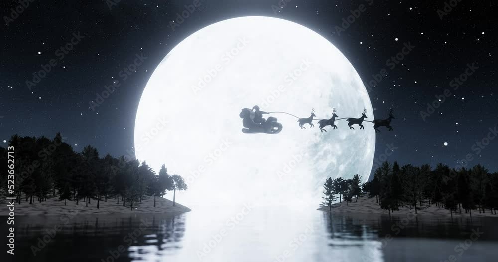 Night sky The full moon has Santa Claus riding a reindeer sleigh ...