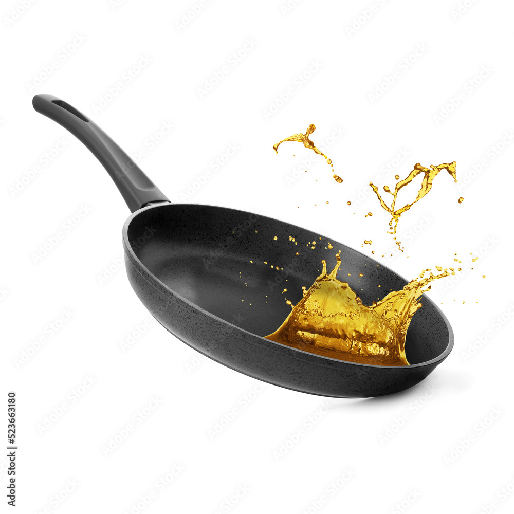 Frying pan and splashing cooking oil on white background Stock Photo ...