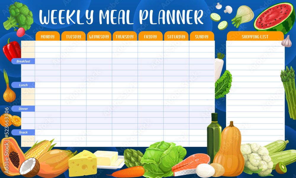 Natural fruits, vegetables and dairy products weekly meal planner schedule, organizer check list ...
