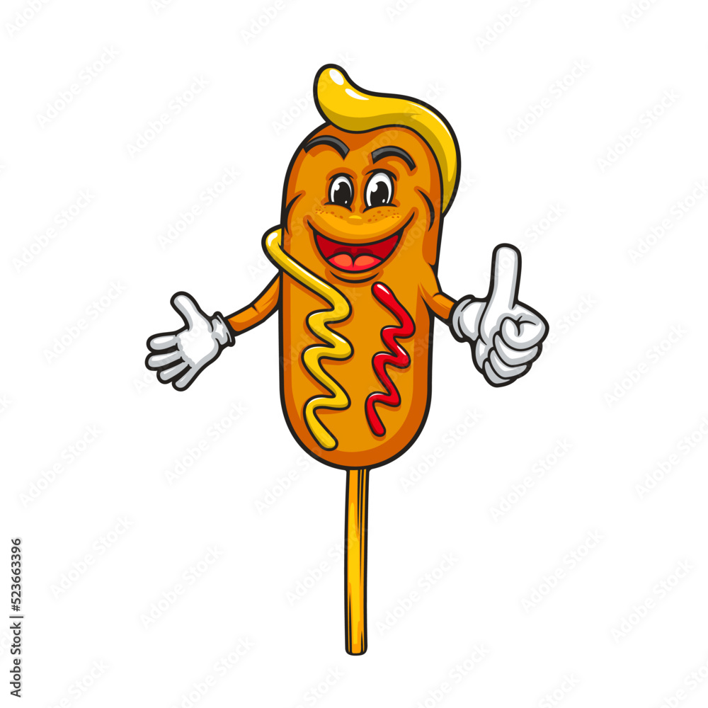 Cartoon corndog character, corn dog on stick, vector food personage ...