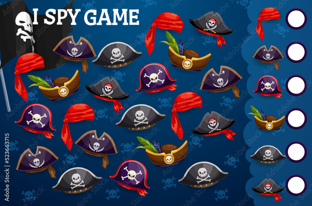 I spy game pirate tricorn, cocked hats and bandana. Vector educational ...