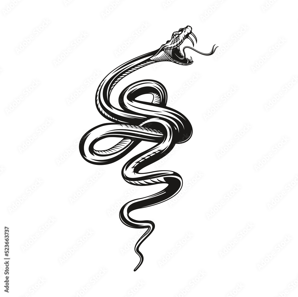 Snake tattoo, angry black viper or serpent, vector rock or biker club ...