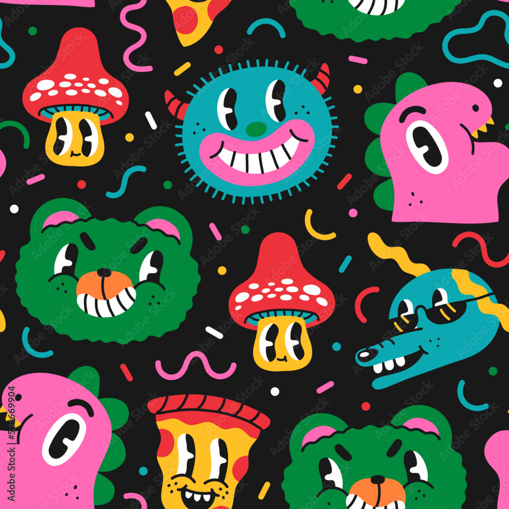 Trendy trippy retro cartoon character seamless pattern. Funny vintage ...