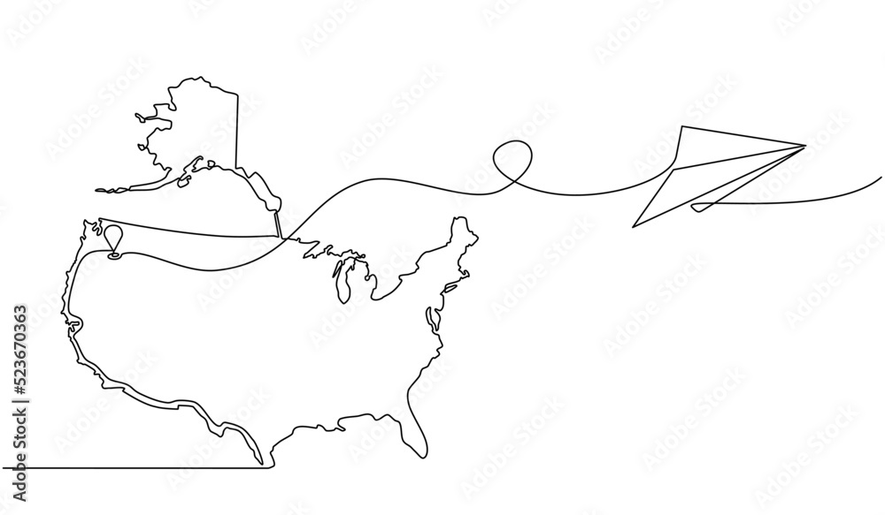Continuous one line drawing of United States domestic aircraft flight ...