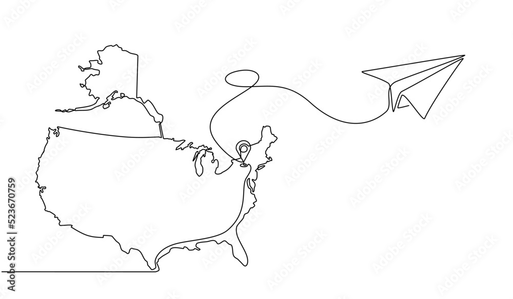 Continuous one line drawing of United States domestic aircraft flight ...