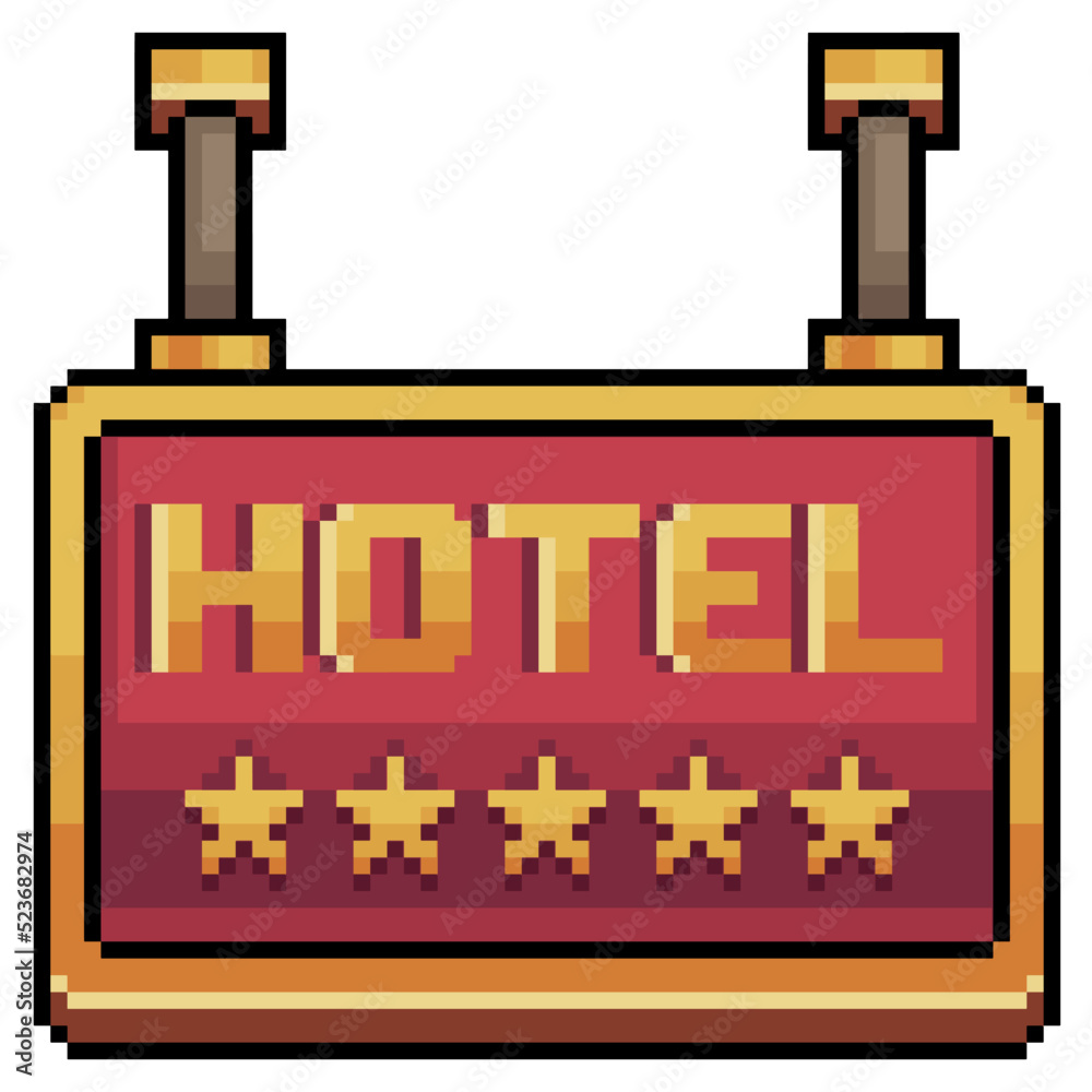 Pixel art 5 star hotel sign. red and gold plate vector icon for 8bit ...