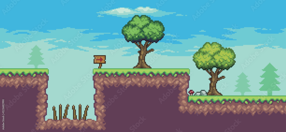Pixel art arcade game scene with tree, trap, board and clouds 8 bit ...