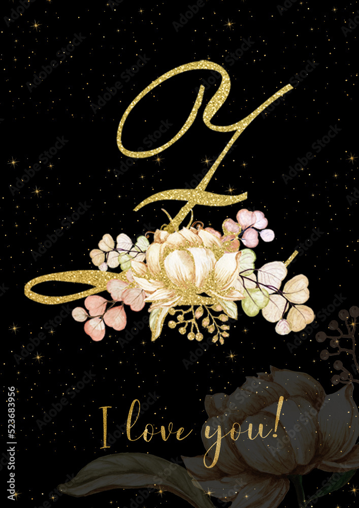 Gold alphabet collection with boho watercolor flowers of beige peach ...