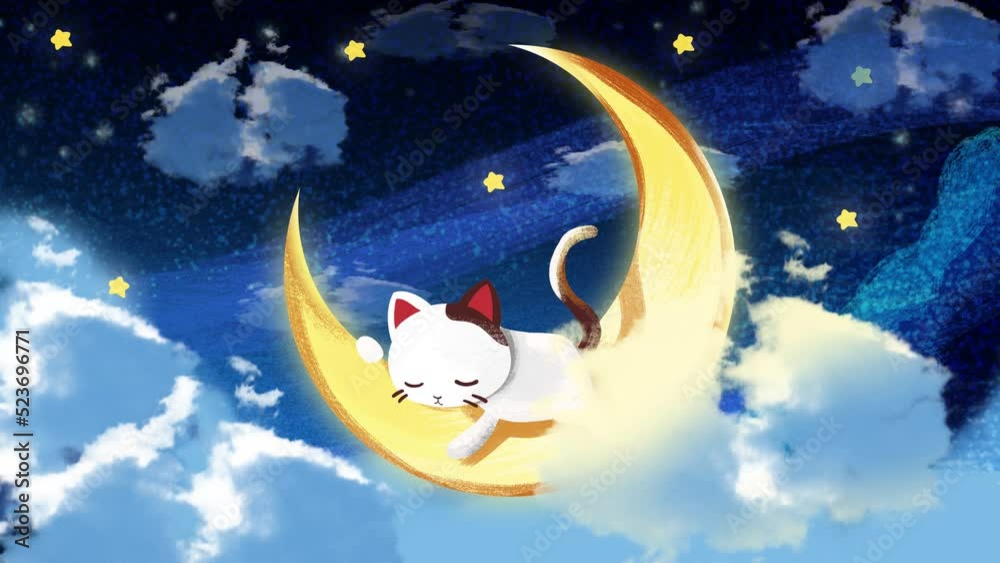 cute kawaii cat sleeping on the moon,night sky, yellow moon and stars ...