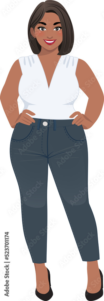 American African Plus size female in white sleeveless shirt and jeans ...