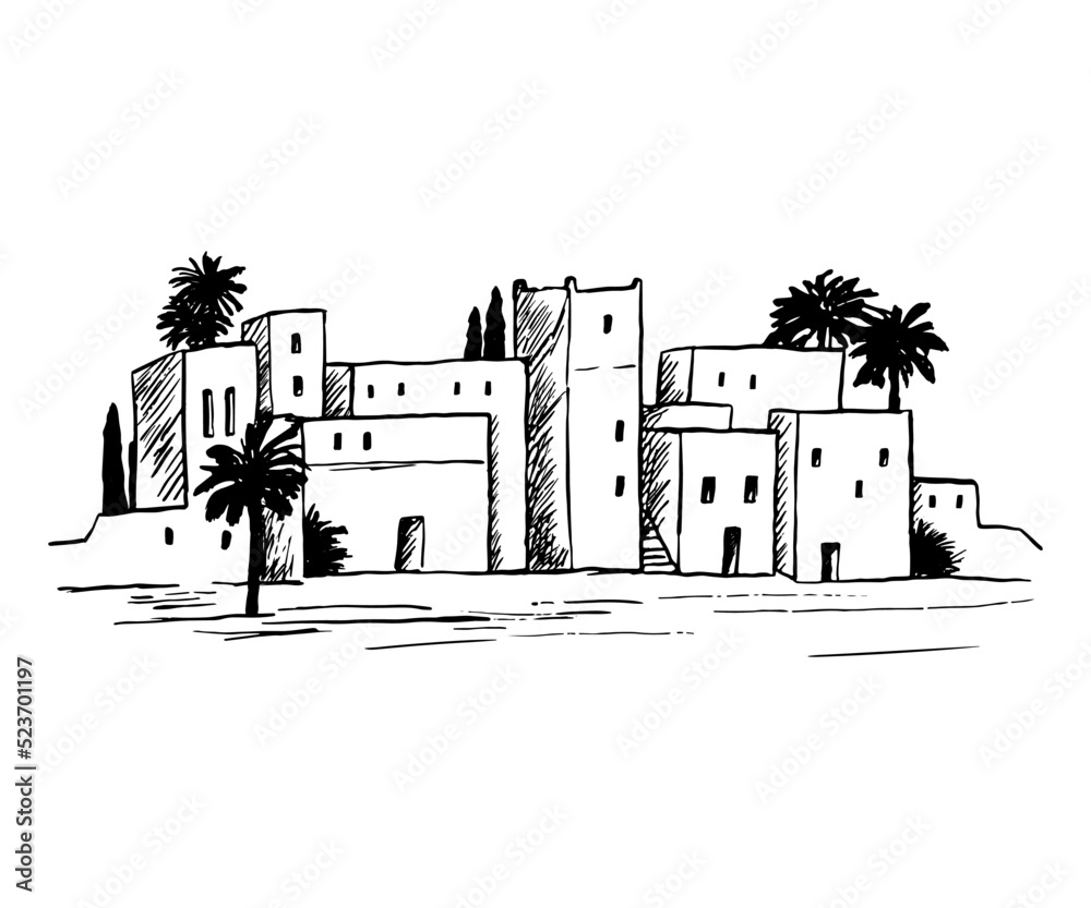 Landscape with old city of Saudi or Jordan. Pencil sketch of ...